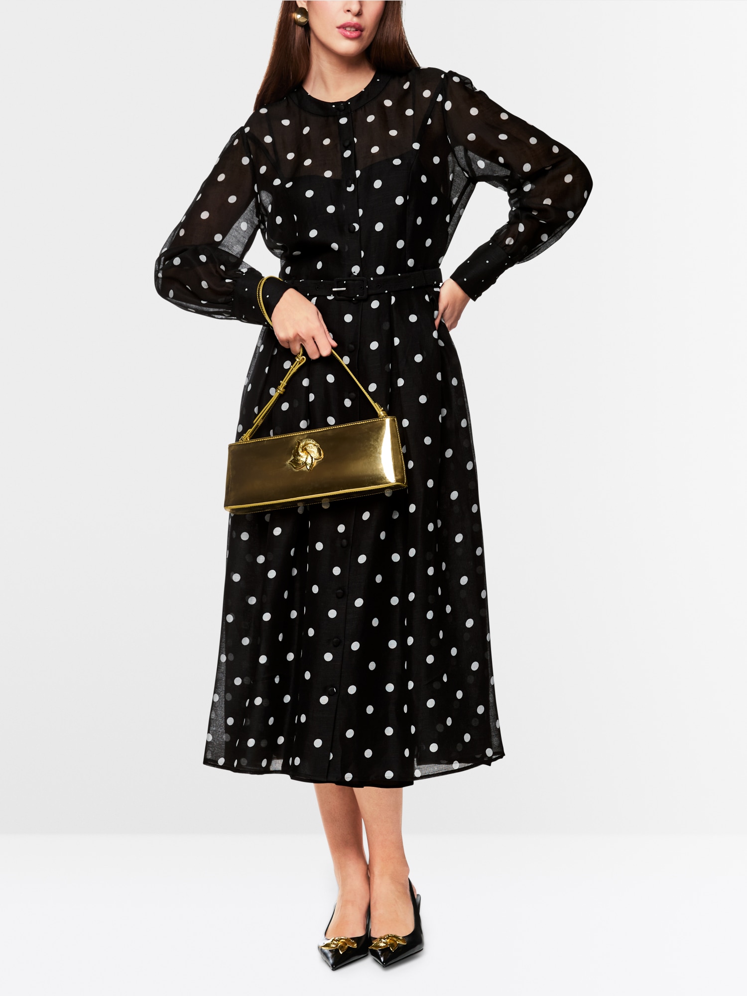 Long silk and linen polka dot dress | marc-cain.com/en